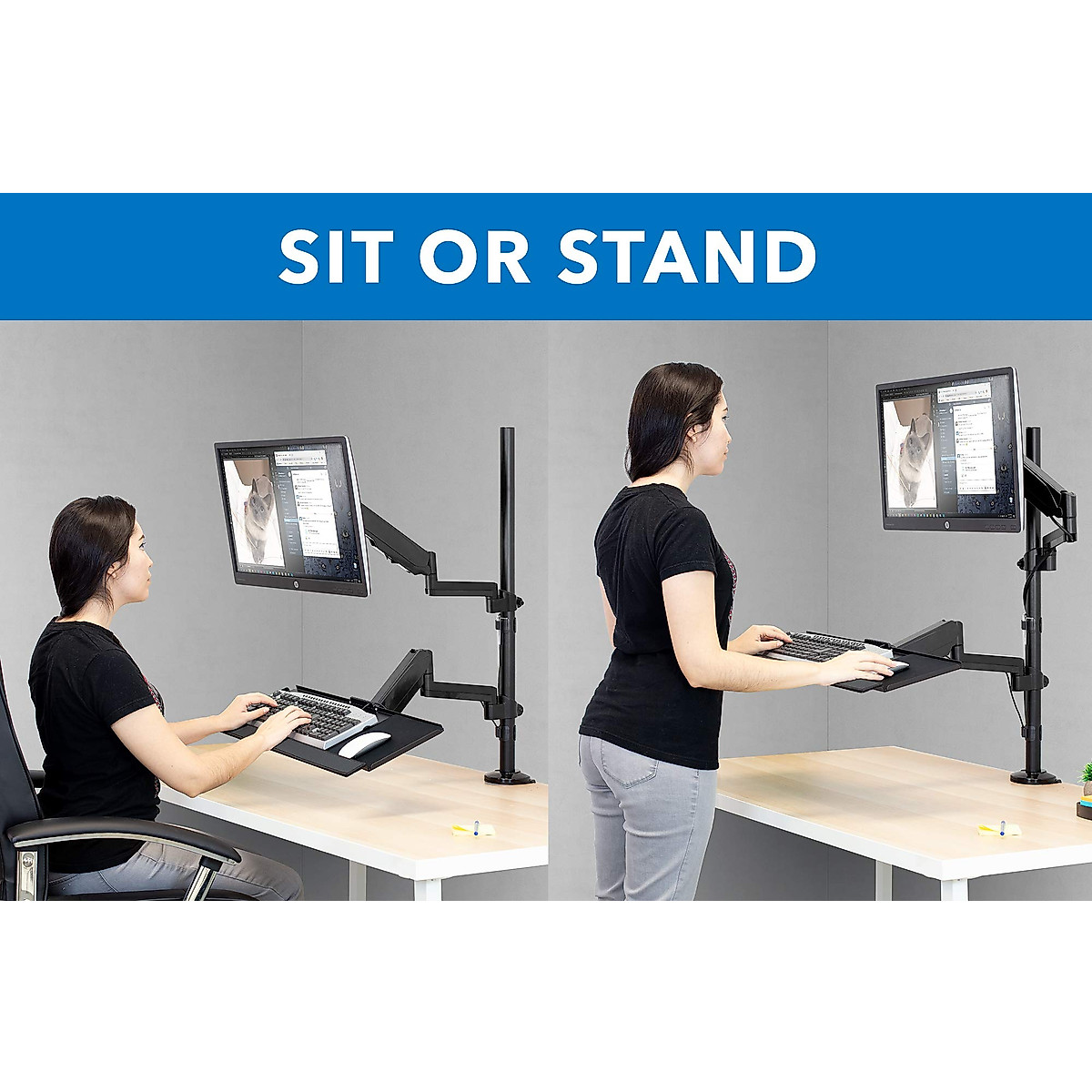 MOUNT-IT! Sit Stand Monitor Desk Mount [Fits 32" Screens] Height Adjustable, Full-Motion Articulating Arm with Keyboard Tray and Cable Management (Black)