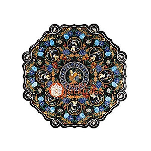 Black Marble Octagonal 61" Dining Table Top Lapis Turquoise Inlay Floral Furniture Home Decor