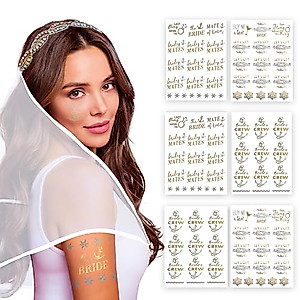Bachelorettesy Wedding Temporary Tattoos 6 Sheets Bride Bachelorette Stickers 100+ Metallic Gold Tattoos for Bridal Party, Bachelorette Trip, Bridal Shower Party Decorations, Party Favors (Marina)