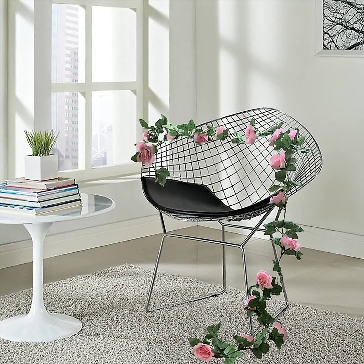 MUYG 2 Pack Artificial Rose Vine Garland Fake Roses Flowers Plants Vines Hanging Floral Leaves Decoration for Wedding Party Table Garden Arch Wall Home Room Decor(Pink)