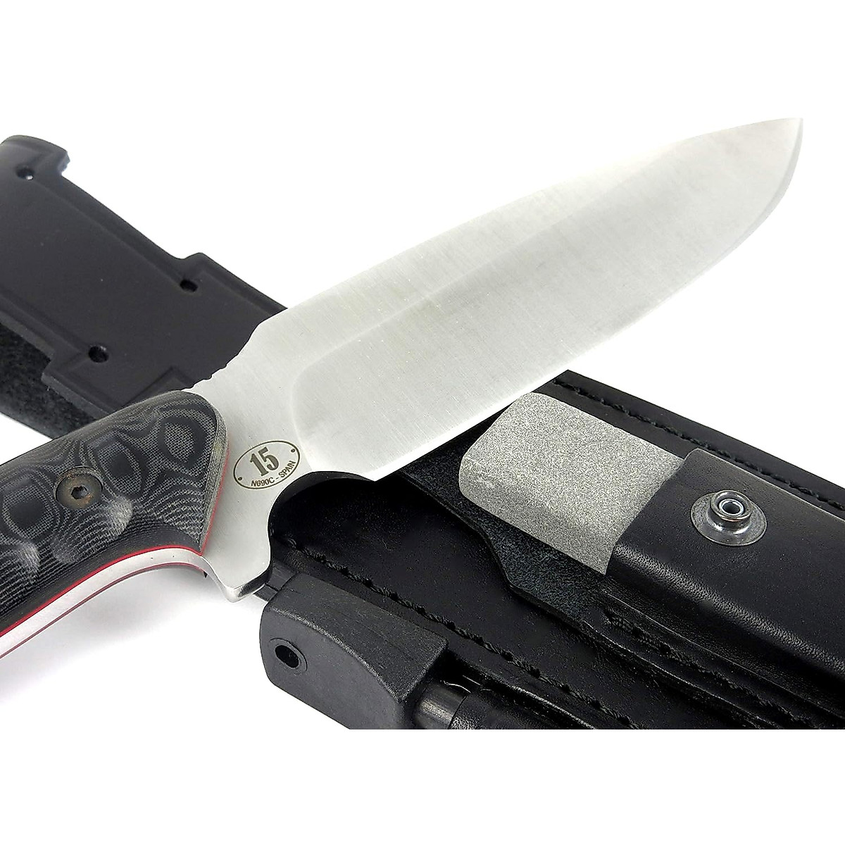 JEO-TEC Nº15 Bushcraft Survival Hunting Tactical Knife - BOHLER N690C Stainless Steel, Multi-positioned Leather Sheath, Sharpener Stone