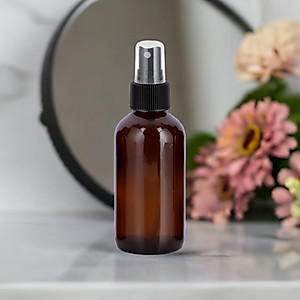 JUVITUS (10 pack) 4 oz Amber Glass Boston Round Bottle with Fine Mist Black Sprayer + Funnel