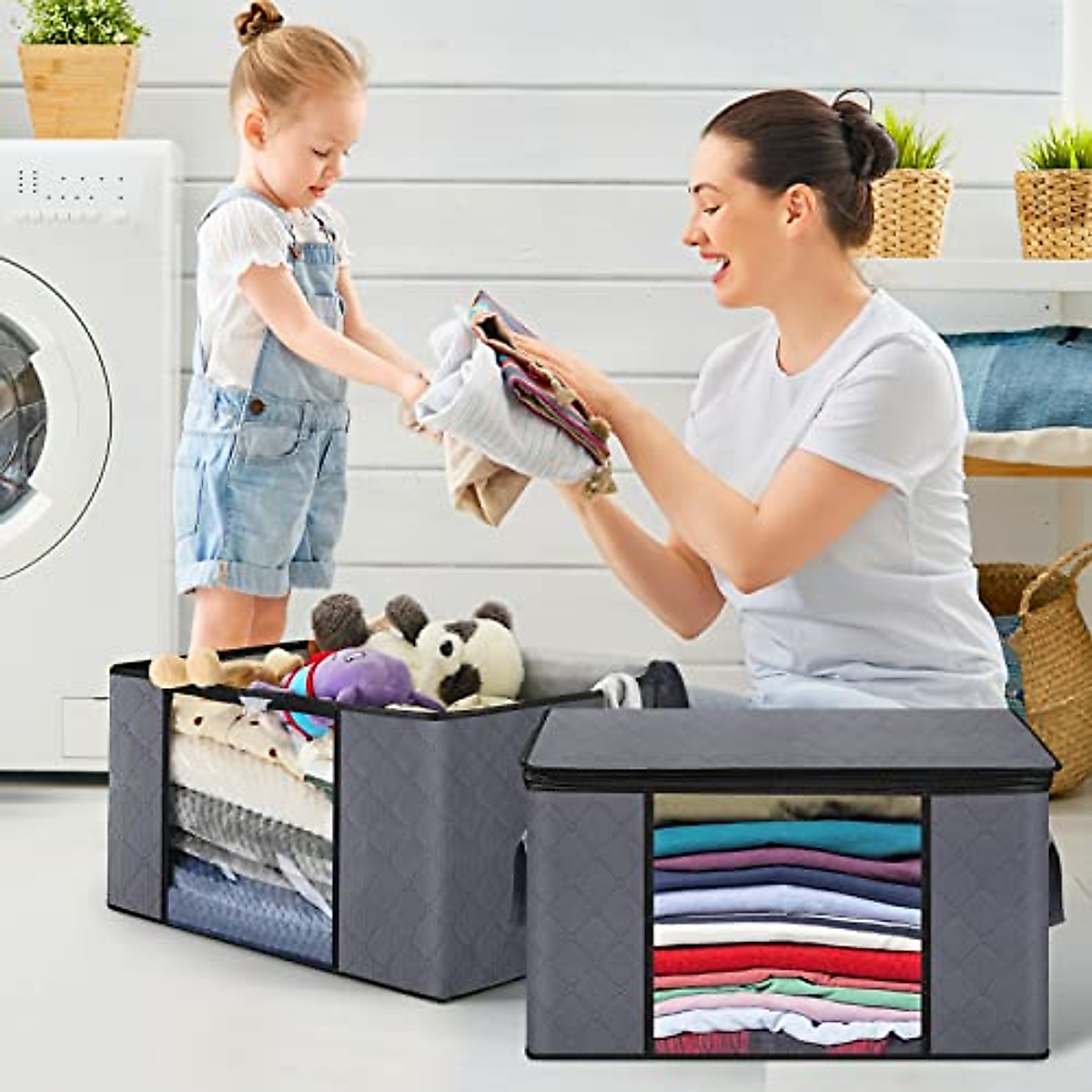 3-Pack Clothes Storage Organizer, Large Capacity Blanket Storage Bags with Reinforced Handles & Sturdy Zippers, Foldable Clothing Storage Organizer Container for Comforters, Blankets, Bedding (Grey)