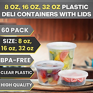 Plastic Deli Containers with Lids Combo Set, 32oz 16oz 8oz Food Storage Containers with Lids, Stackable, Leakproof, BPA Free, Microwave and Freezer Safe for Meal Prep, Salad, Snacks.