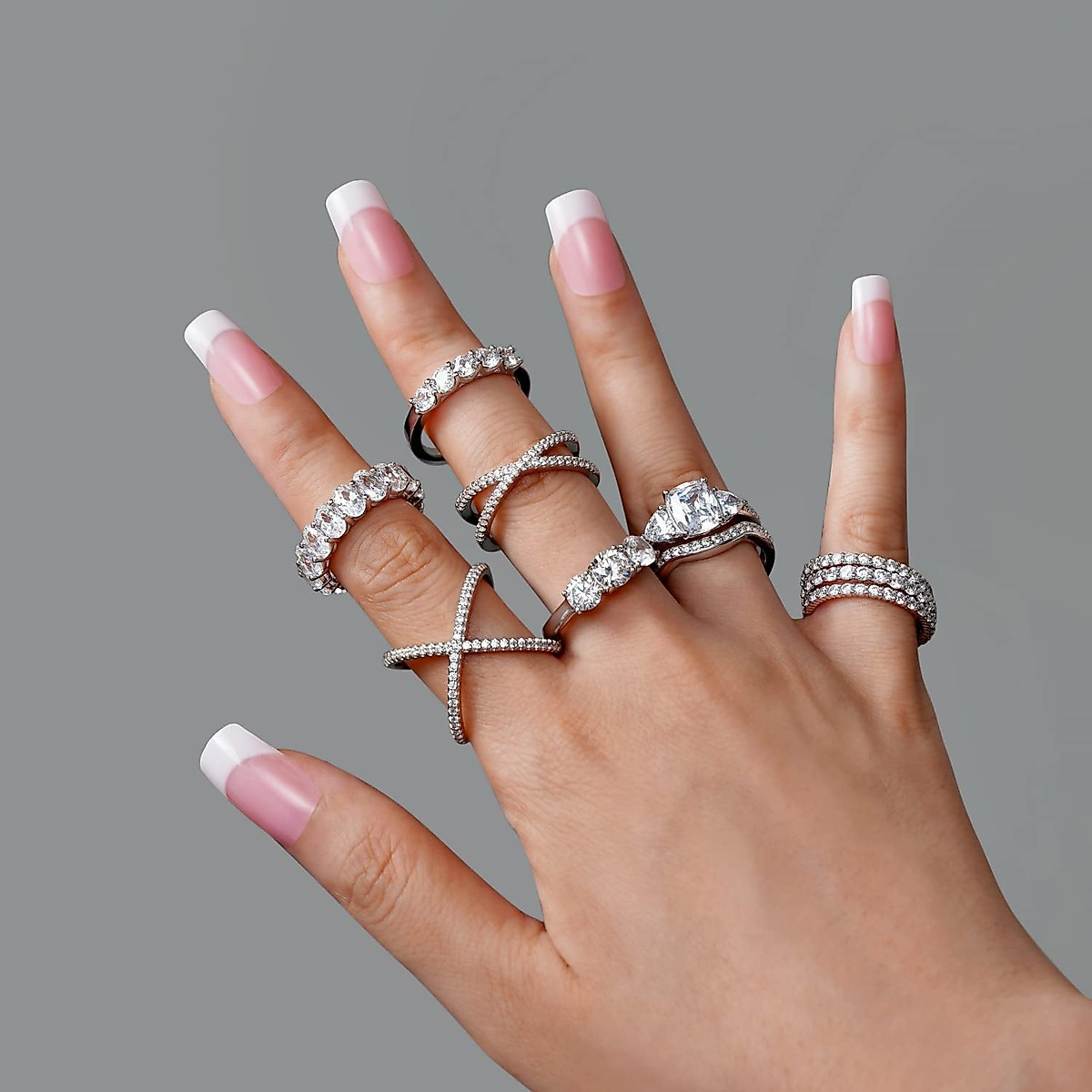 DIAMONBLISS Platinum Clad Sterling Silver 100-Facet 5-Stone Cubic Zirconia Band Ring (7)