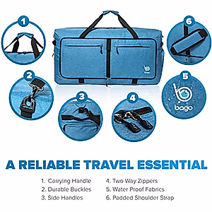 Bago Large Foldable Duffel Bags for Traveling Women & Men - 100L Packable Duffle Bag for Travel with Shoe Compartment - Water Repellant, Heavy Duty, Lightweight Folding & Collapsible (SnowBlue)