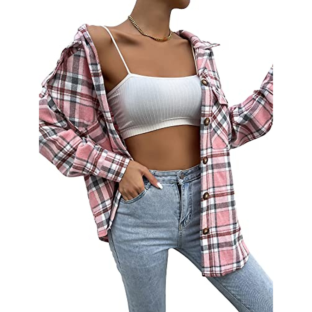 OYOANGLE Women's Plaid Long Sleeve Button Front Drop Shoulder Tunic Blouse Flannel Shirts Pink White L