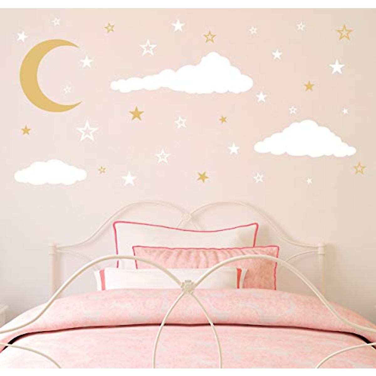 Moon, Stars and Clouds Wall Decals, Kids Wall Decoration, Nursery Wall Decal, Wall Decal for Nursery, Vinyl Wall Stickers for Children Baby Kids Boys Girls Bedroom Y08 (White,Gold)