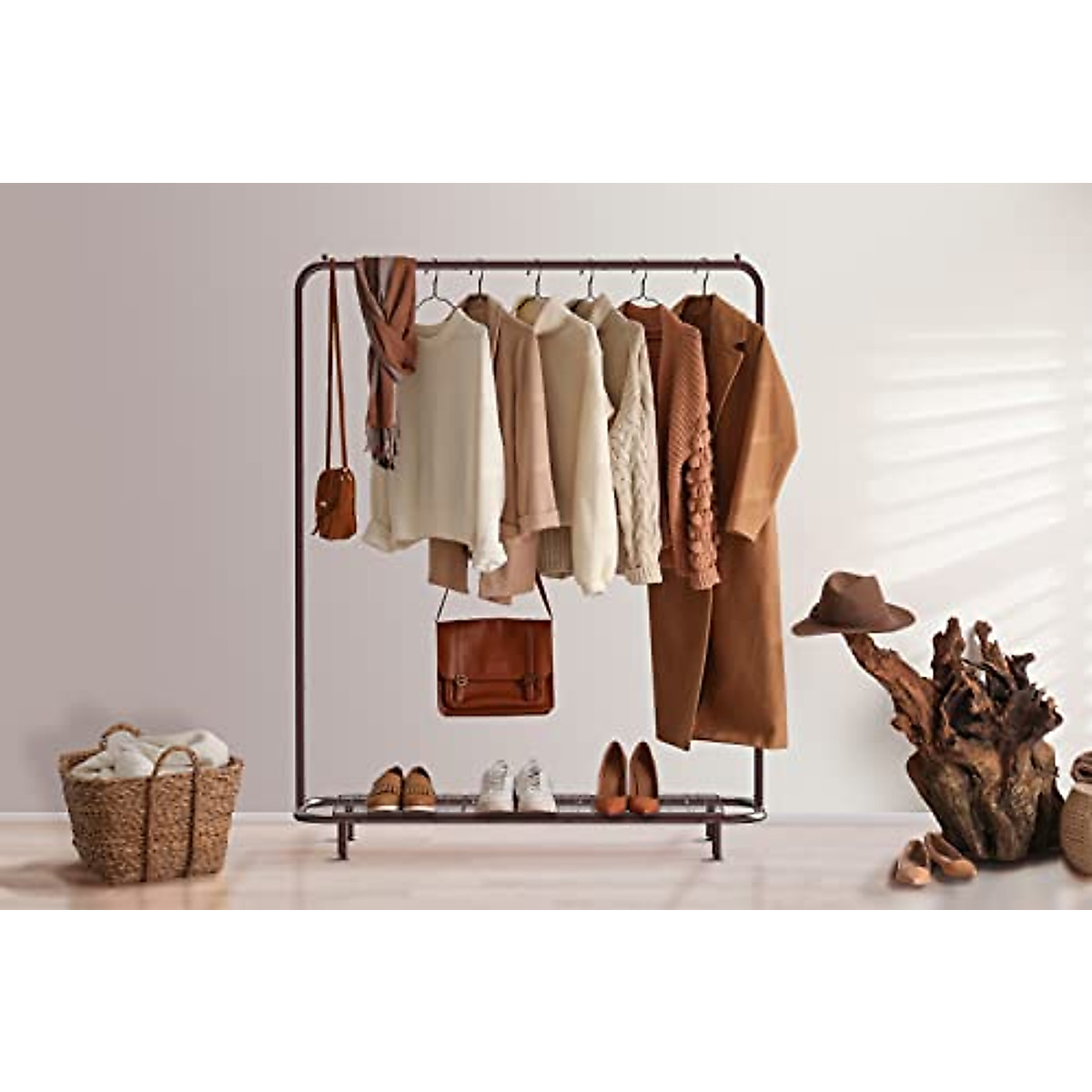 Simple Houseware Clothing Rack with Industrial Pipe and Bottom Shelves, Bronze