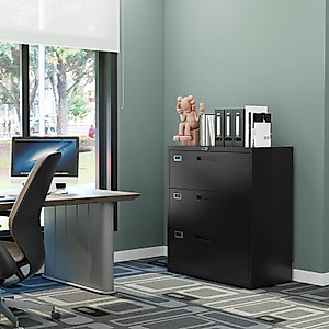 LISSIMO 3 Drawer Metal File Cabinet with Lock，Under Desk Office Storage Filing Cabinet for Legal/Letter/A4 File, Hanging File Folders(Black)