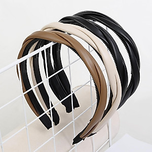 WOVOWOVO Thin Leather Headbands for Women, 4 Pcs Twisted Thin Head Bands with Teeth Boho Non Slip Headband, Fashion Black White Hairbands Braided Hair Hoops Girls Hair Accessories