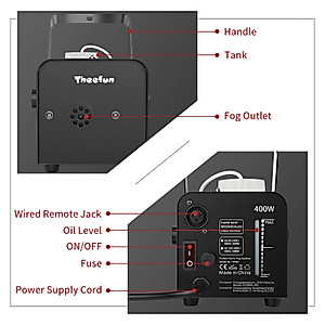 Theefun Fog Machine - 2000CFM Smoke Machine with Wired and Wirelss Remote Control - 400W Halloween Fog Machine with Handle for Christmas Wedding Party and Stage Effect(Size 9.06x4.33x4.53inch)