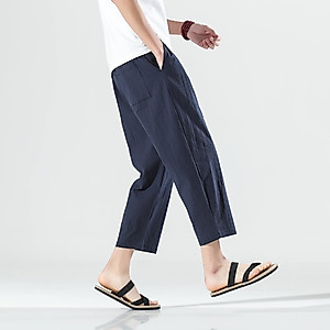 PRIJOUHE Mens Harem Pants Casual Lightweight Loose Fit Capri Pants Linen Beach Pants with Elastic Waistband