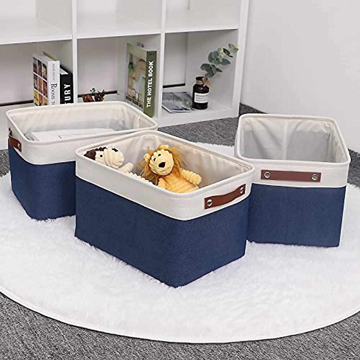 HNZIGE Small Fabric Baskets for Organizing Collapsible Storage Baskets for Shelves, Closets, Laundry, Nursery, Decorative Baskets for Gifts Empty (White&Blue)