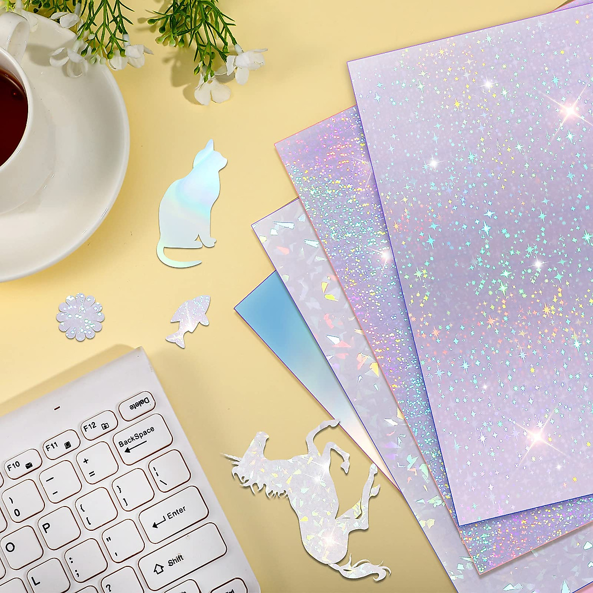 24 Sheets Holographic Sticker Paper Vinyl Printable Sticker Paper Transparent Holographic Self Adhesive Sticker Holographic Rainbow Waterproof Film for Stickers, A4 Size, 8.25 x 11.7 Inches