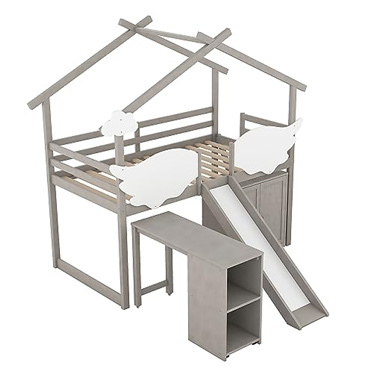 BIADNBZ Twin Size House Bed Frame with Slide, Pullable Storage Desk and Wardrobe Storage, Wooden Low Bedframe w/Wing-Shaped Fence and Ladder, for Kids Teens Bedroom Dorm, Worn Gray+White