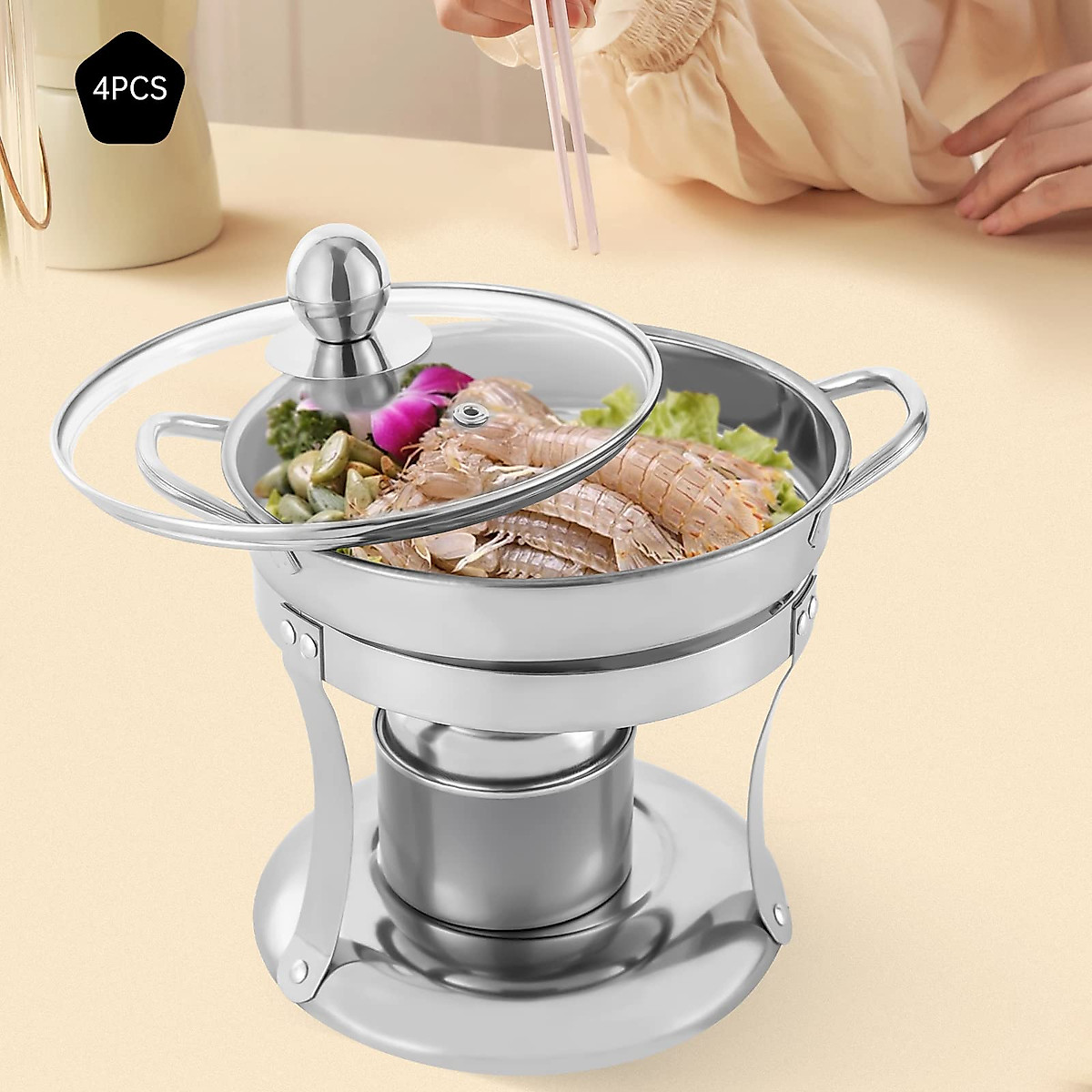 Round Chafing Dish Buffet Set of 4 Stainless Steel Pack Warming Trays Buffet Warmer for Buffets with Lid for Single Hot Pot Catering Event Parties