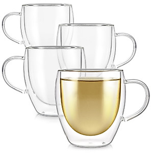 Teabloom Double Walled Cups – 8 oz / 250 ml – Set of 4 Insulated Glass Cups for Tea, Coffee, Espresso, and More – Clarity Glasses