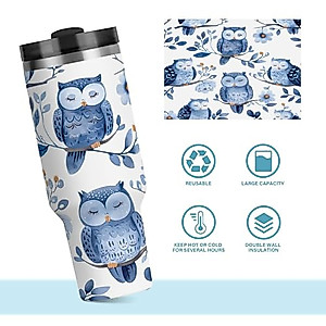 FRCSDIY Cartoon Owl Insulated Tumbler with Handle and Straw Lid,30oz Leakproof Stainless Steel Cup BPA-Free Water Bottle