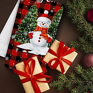 Beisseid Christmas Kitchen Dish Towels Snowman with Xmas Tree Dish Cloth Fingertip Bath Towels Cloth Red Buffalo Plaid Check Hand Drying Soft Cotton Tea Towel Set 18x28in 2PCS