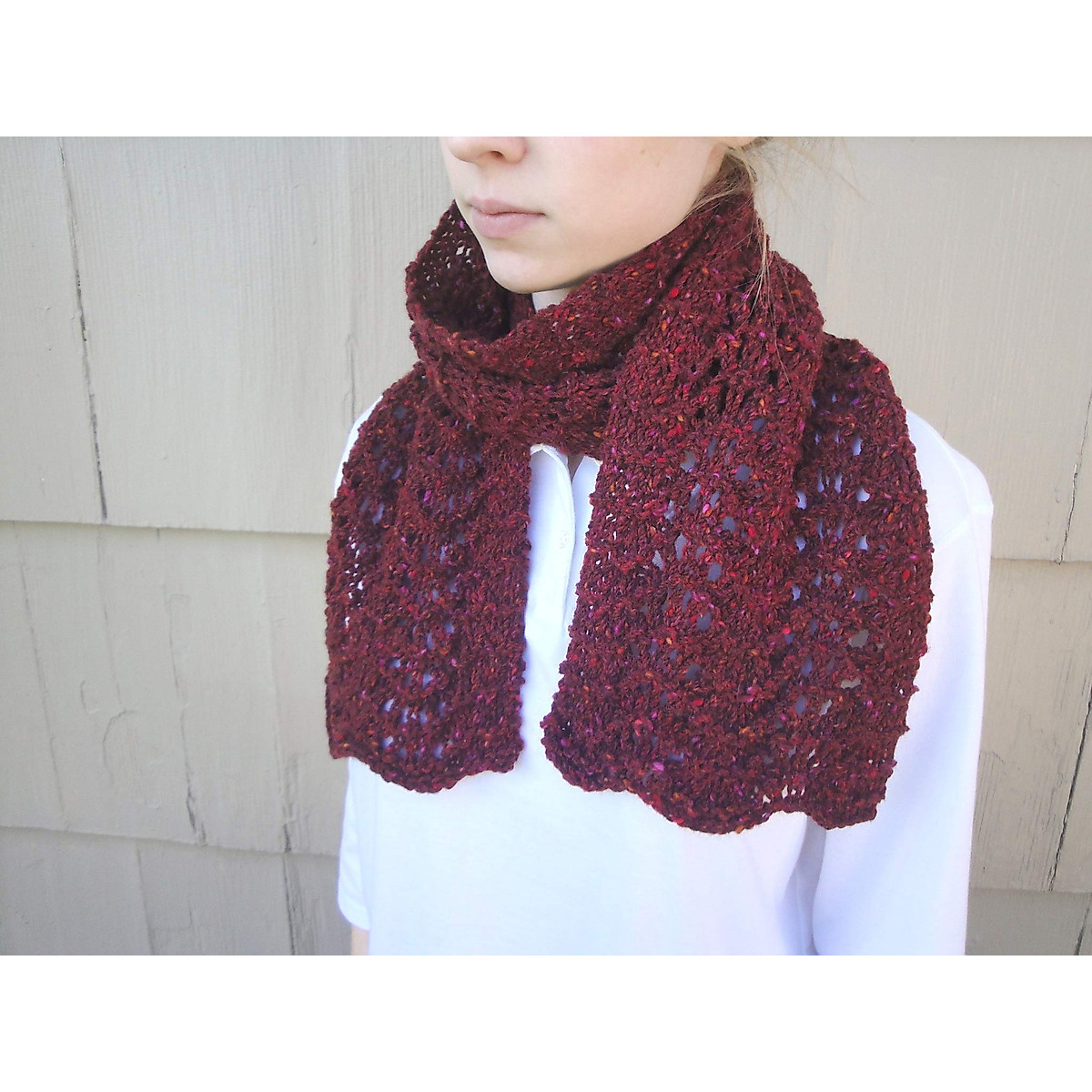 Short Scarf, Deep Burgundy Red, Rustic Wool Tweed, Hand Knit, Lace Texture, Womens Winter Scarf