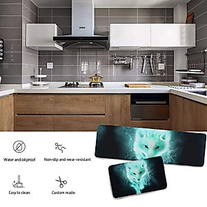 YouTary Cool Cyan Walking Wolf Pattern Kitchen Rug Set 2 PCS Floor Mats Washable Non-Slip Soft Flannel Runner Rug Doormat Carpet for Floor Home Bathroom, 17" x 47"+17" x 24"-M