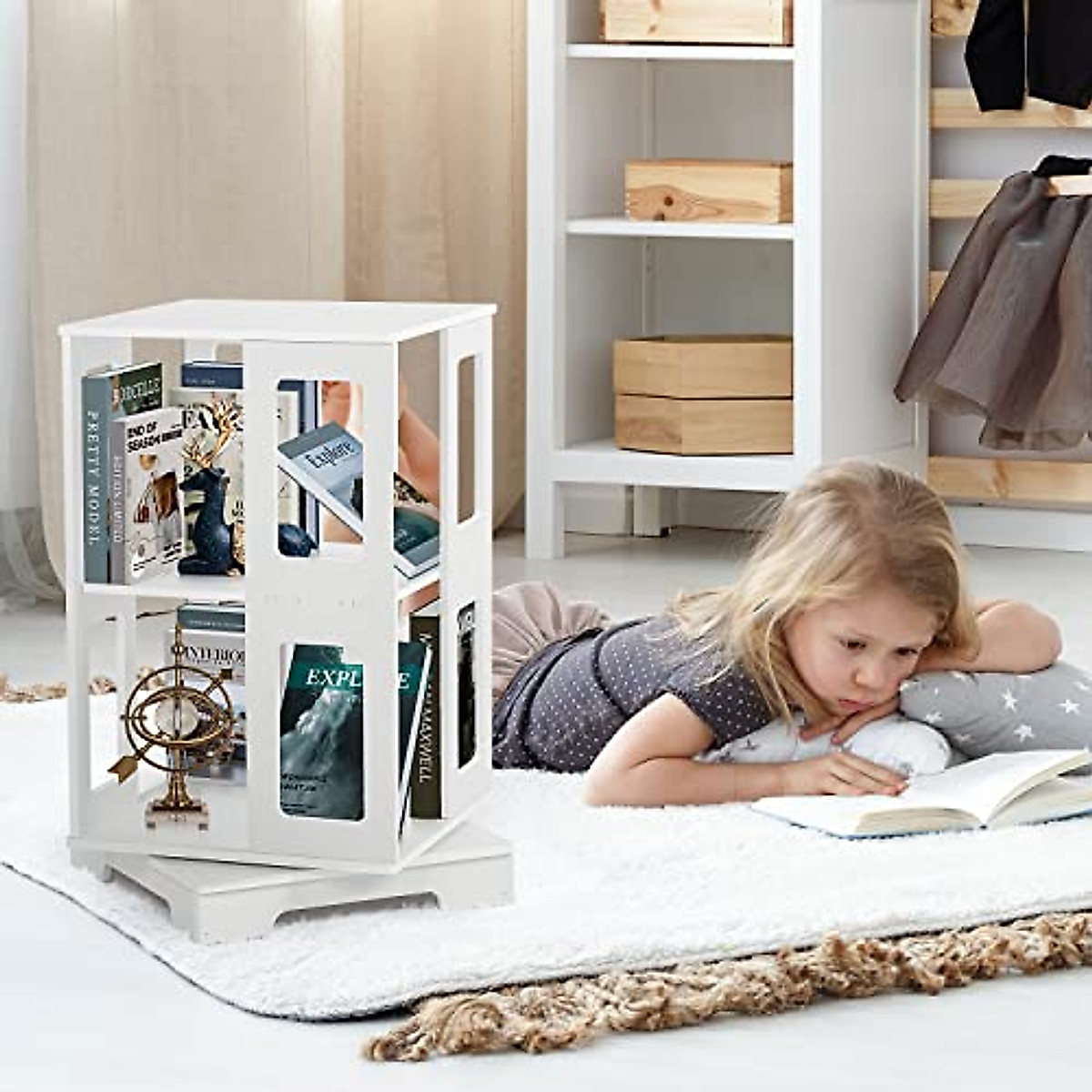 Nisorpa 2 Tier Rotating Bookshelf, 360° Revolving Square Bookcase Floor-Standing Storage Display Rack for Kids & Adults, Used in Bedrooms Living Rooms Study Office (30"x18"x18")