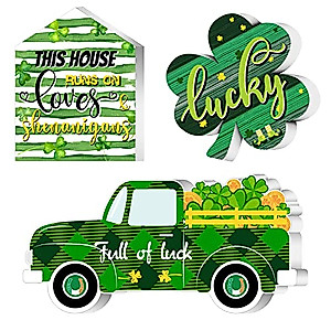 3 Pcs St. Patrick's Day Table Wooden Signs St. Patrick's Table Decoration Lucky Sign Shamrocks Green Truck Irish Themed Table Centerpiece for St. Patrick's Day Party Home Table Decor (Novelty Style)