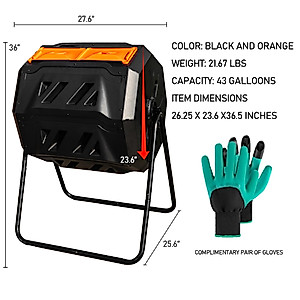Hourleey Compost Bin Outdoor, 43 Gallon Dual Chamber Tumbling Composting Bin with Sliding Doors, Tumbler Rotating Batch Composter Bin for Garden Kitchen Yard