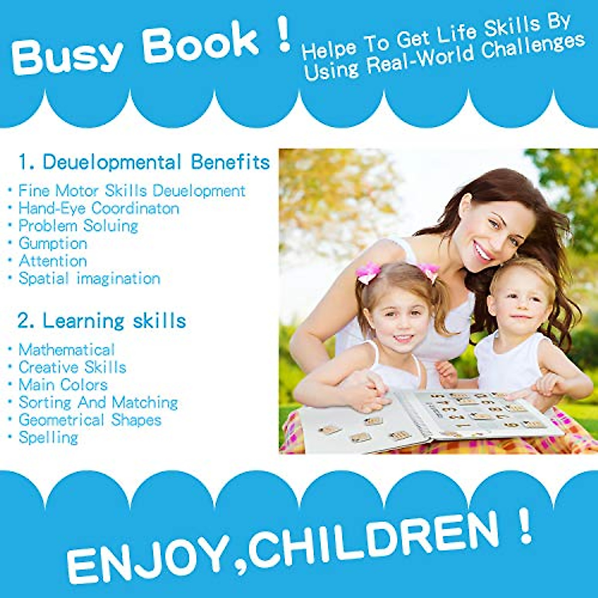 Busy Book for Kids, Montessori Toys for Toddlers, Autism Sensory Educational Toys, 12 Pages Toddler Preschool Activity Binder and Early Learning Toys Book - for Boys & Girls Develops Fine Motor Skills