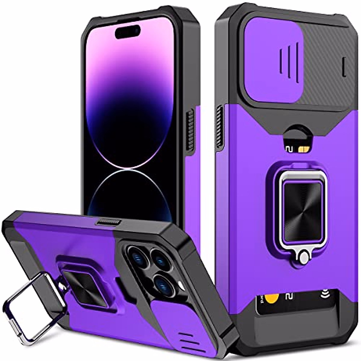 Nvollnoe for iPhone 14 Pro Max Case with Sliding Camera Cover and Card Holder Heavy Duty Protective iPhone 14 Pro Max Case with Ring Magnetic Kickstand Phone Case for iPhone 14 Pro Max(Purple)