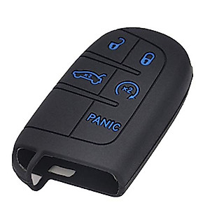 LemSa 2Pcs 5 Buttons Silicone Key Fob Cover Case Remote Keyless Protector Compatible with Jeep Grand Cherokee Dodge Challenger Charger Dart Durango Journey Chrysler 300, Blue Buttons+ Red Buttons