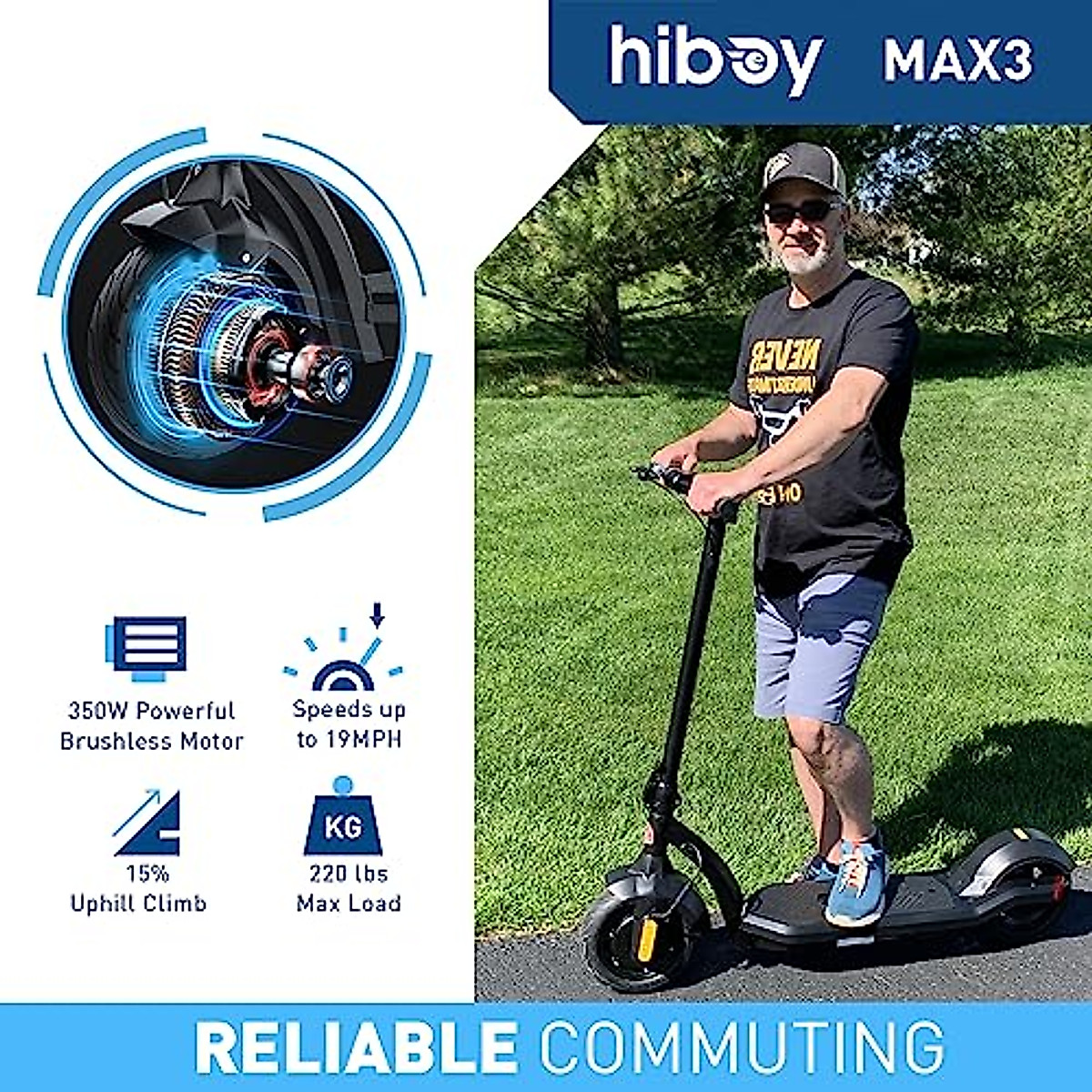 Hiboy MAX3 Electric Scooter, 350W Motor 10" Pneumatic Off Road Tires Up to 17 Miles & 18.6 MPH, Adult Electric Scooter for Commute and Travel