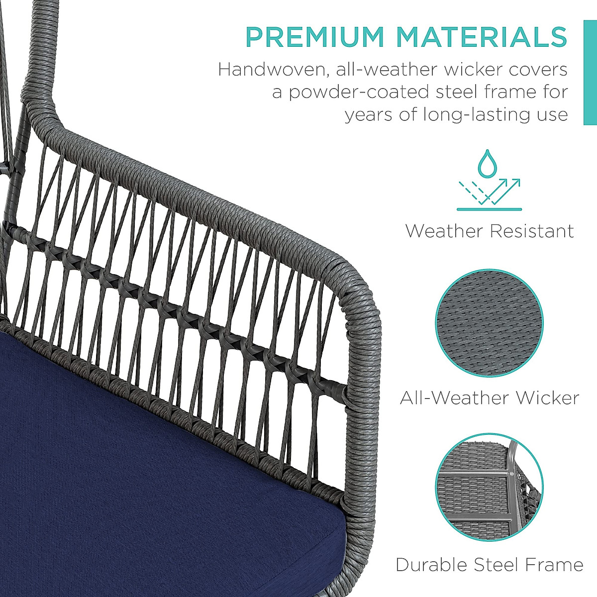 Best Choice Products 3-Piece Patio Conversation Bistro Set, Outdoor All-Weather Wicker Furniture for Porch, Backyard w/ 2 Wide Ergonomic Chairs, Cushions, Glass Top Side Table - Gray/Navy