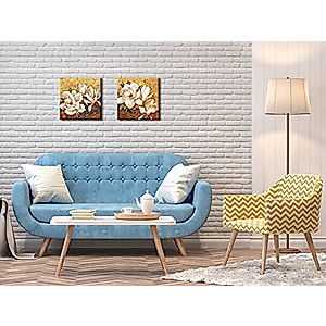 Pyradecor Magnolia Flowers Modern 2 Piece Stretched Floral Canvas Prints Oil Paintings Artwork Style Brown Pictures on Canvas Wall art for Living Room Bedroom Home Decorations