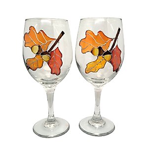 Oak Leaves Acorns Hand Painted Wine Glasses Set of 2 Fall Decor