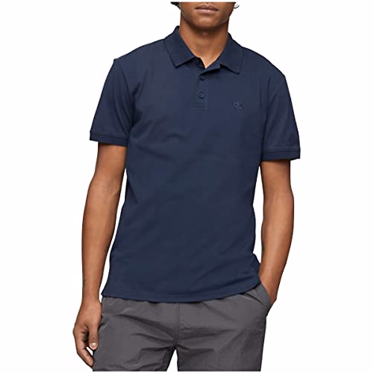 Calvin Klein Men's Smooth Cotton Monogram Logo Polo Shirt, Dark Sapphire, Large