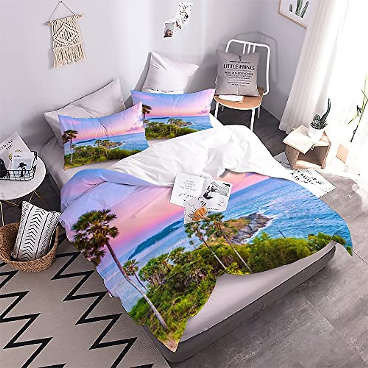 Quilt Cover Twin Size Thailand Scenery 3D Bedding Sets Sea, Coconut Trees Duvet Cover Breathable Hypoallergenic Stain Wrinkle Resistant Microfiber with Zipper Closure,beding Set with 2 Pillowcase