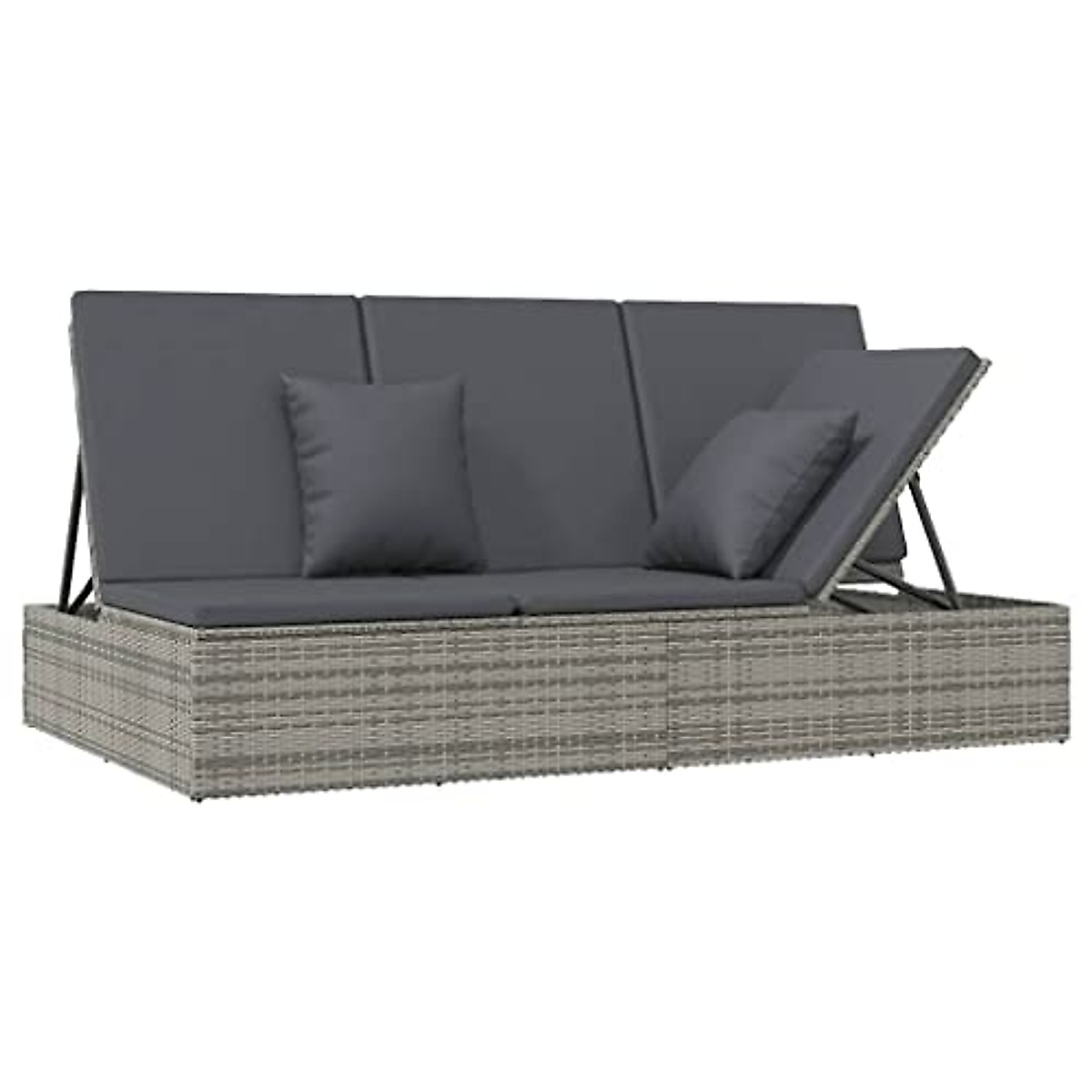 Makastle 2-Person Patio Lounge Chair, Outdoor PE Rattan Adjustable Double Daybed Chaise with Pillow & Cushions, Loveseat Sofa for Garden Lawn Backyard, 78.7"x47.6"x12.2" Poly Rattan Dark Gray