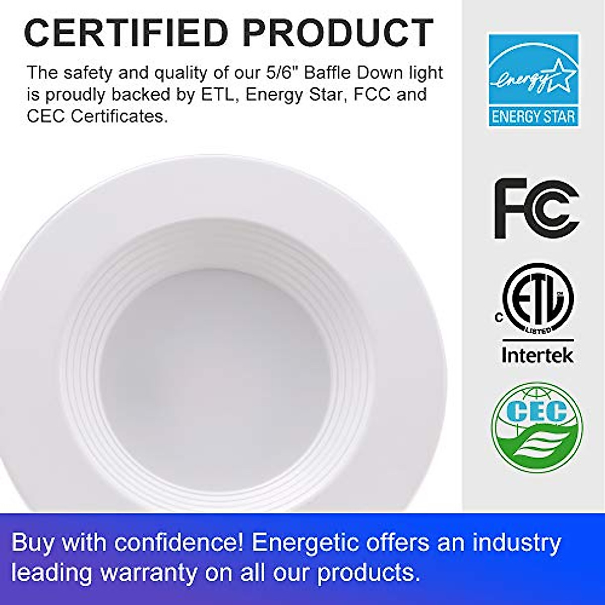 12 Pack 5/6 Inch 5CCT LED Recessed Downlight, Can Lights with Baffle Trim, Wet Rated, E26 Base, 10.5W=85W, CRI 90, Dimmable, Simple Retrofit Installation, Energy Star & ETL Listed