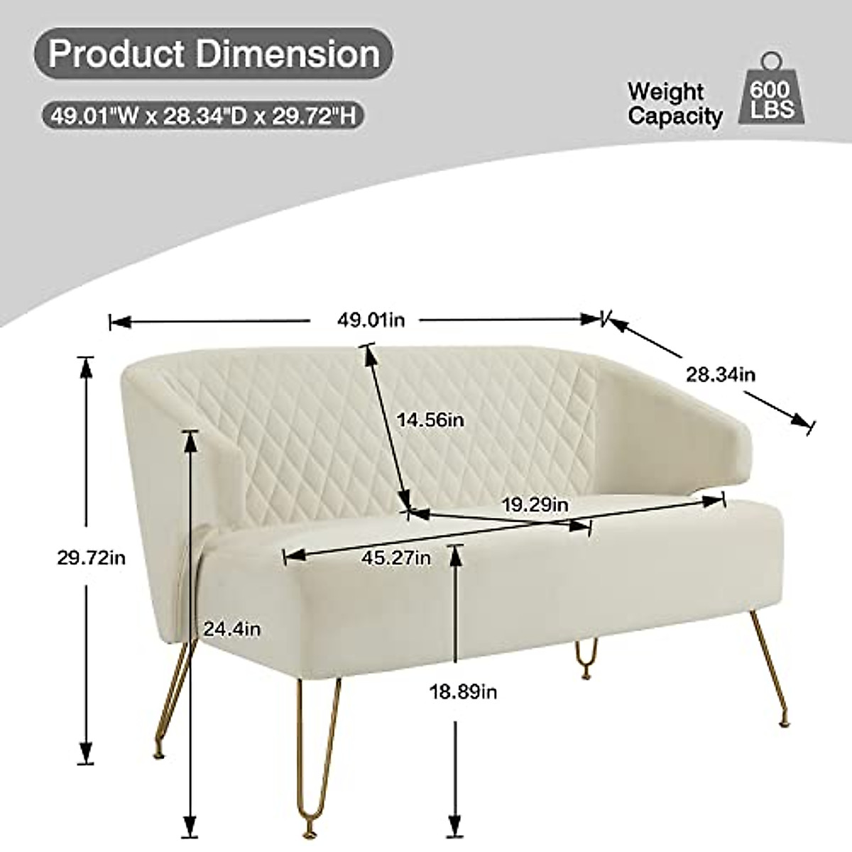 Homtique Velvet Loveseat Modern Tufted Accent Sofa Chair with Metal Golden Legs Upholstered 2 Seaters Couch for Small Spaces Elegant Settee Bench for Living Room, Bedroom, Apartment (White)
