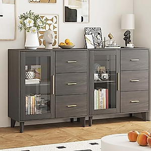 Function Home Sideboard Buffet, Storage Cabinet with Glass Door, Wood Accent Console with Drawers, Mid Century Coffee Bar for Kitchen, Living Room, Hallway, Entry, Walnut