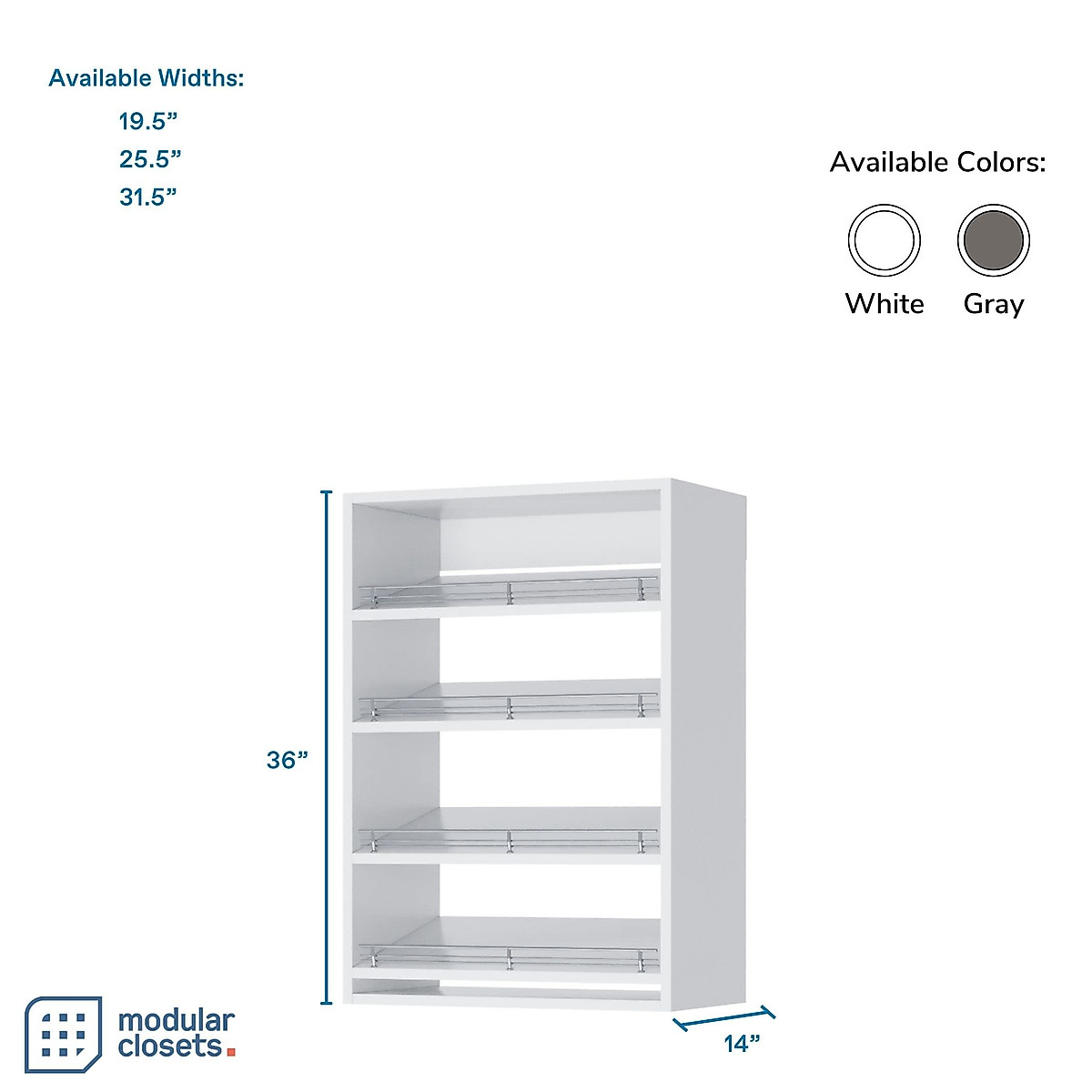 Short Closet Shelves Tower - Modular Closet System with Shoe Shelves (4) - Corner Closet System - Closet Organizers and Storage Shelves (White, 19.5 inches Wide) Closet Shelving