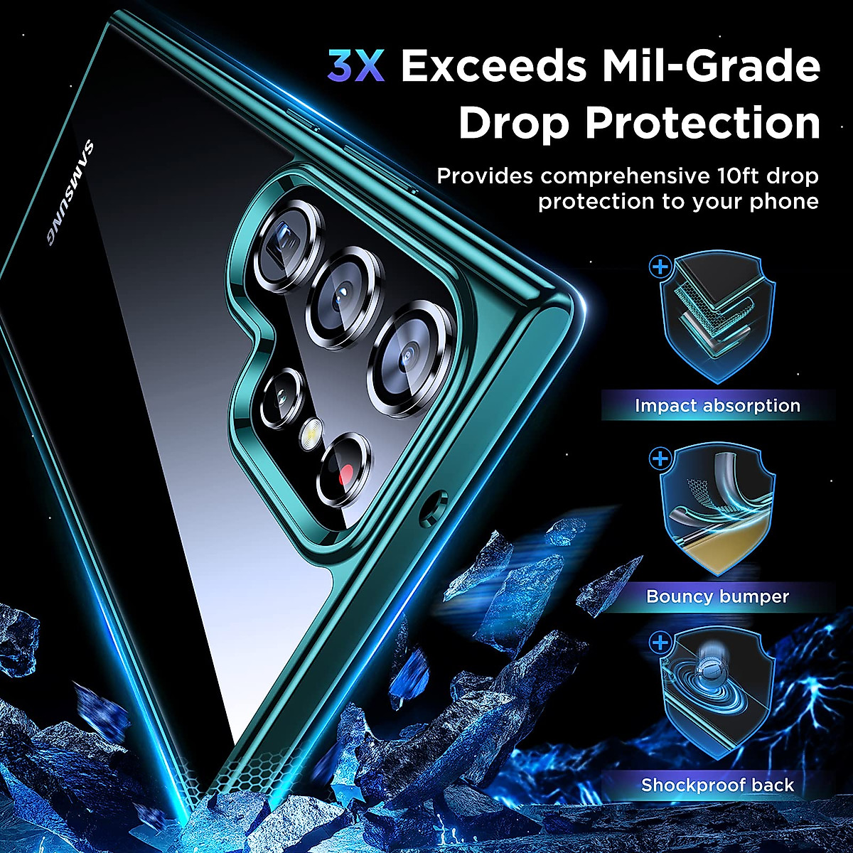 Humixx Ultra Clear for Samsung Galaxy S23 Ultra Case, [Never Yellow] [Mil-Grade Shockproof Protection] 2X Flexible Screen Protector + 2X Camera Protector Soft Slim Protective Case 6.8”- Midnight Green