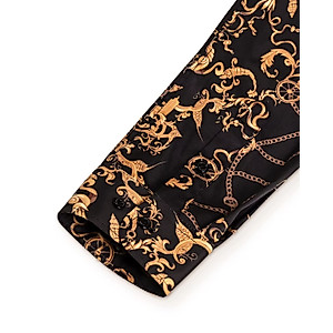 Bolcguri Mens Black Gold Chain Dress Shirts Luxury Baroque Print Long Sleeve Button Up Buchona Silky Shirt S