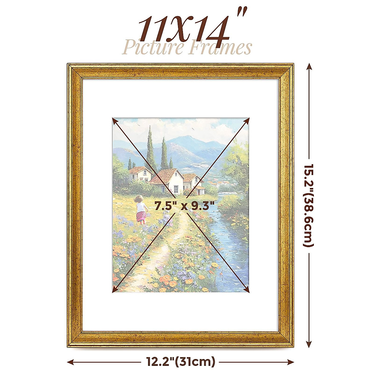 TWING 11x14 Gold Picture Frames Displays 8x10 Photo Frame with Mat or 11x14 Without Mat,Rustic Gold Photo Frame Collage for Wall Decor Mounting or Table Display, Ideal to Family and Friends