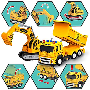 MOBIUS Toys 4-in-1 Construction Vehicle Bundle - 1:12 Scale Dump Truck, Flatbed and 2 Excavators with Lights and Sounds, Push and Go Realistic Big Truck Toy, Construction Vehicle Excavator Toy