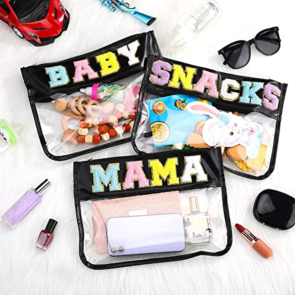 3 Pieces Chenille Letter Clear Zipper Pouches PVC Travel Pouch Waterproof Make up Bag Baby Preppy Snack Bags Clear Cosmetic Bags Mama Toiletry Small Makeup Organizer for Women Girls Kids Gifts