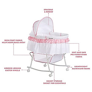 Dream On Me Lacy Portable 2-in-1 Bassinet & Cradle in Pink and White, Lightweight Baby Bassinet with Storage Basket, Adjustable and Removable Canopy