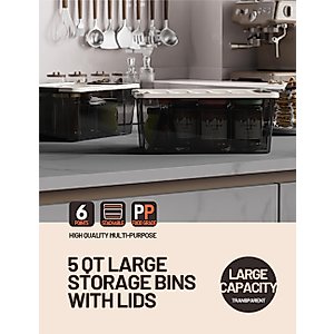 WYT Small Clear 5-Quart Plastic Storage Container Bin with Khaki Secure Lid and Black Latch Buckles, Durable Stackable Nestable Organizin, 6-Pack